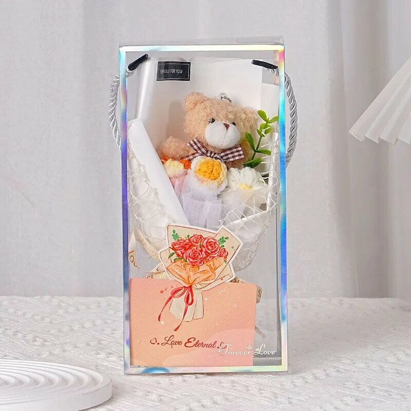 Подарочный набор букет из плюшевого мишки и вязаных роз крючком ручной работы в коробке