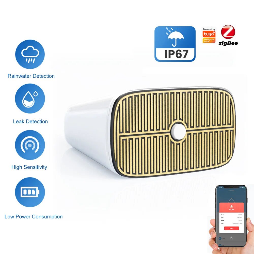 Датчик протечки и дождя Zigbee 3.0, IP67, для умного дома с функцией обнаружения воды и интеграцией в экосистему TUYA и Smart Life