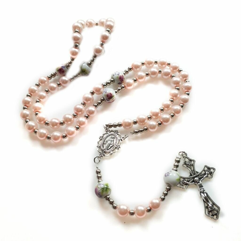 Бусы-розарий с крестом, Розовый
