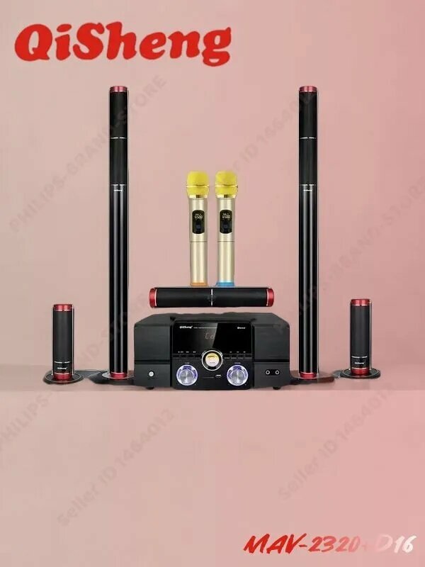 Qisheng Музыкальная комбинация домашнего кинотеатра 5.1, ресурс высокой четкости, черный, MAV-2320+D16(с беспроводным микрофоном)