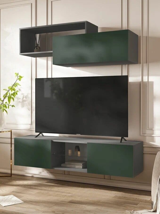 Стенка в гостиную под телевизор Норд, мебель с подвесными секциями для хранения, 150х35х170 см, Графит/Изумрудный