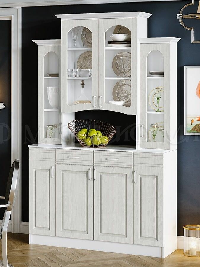 Буфет для кухни Констанция, кухонный шкаф витрина для посуды напольный с фасадами МДФ, 140х225х43 см, Сандал/Белый