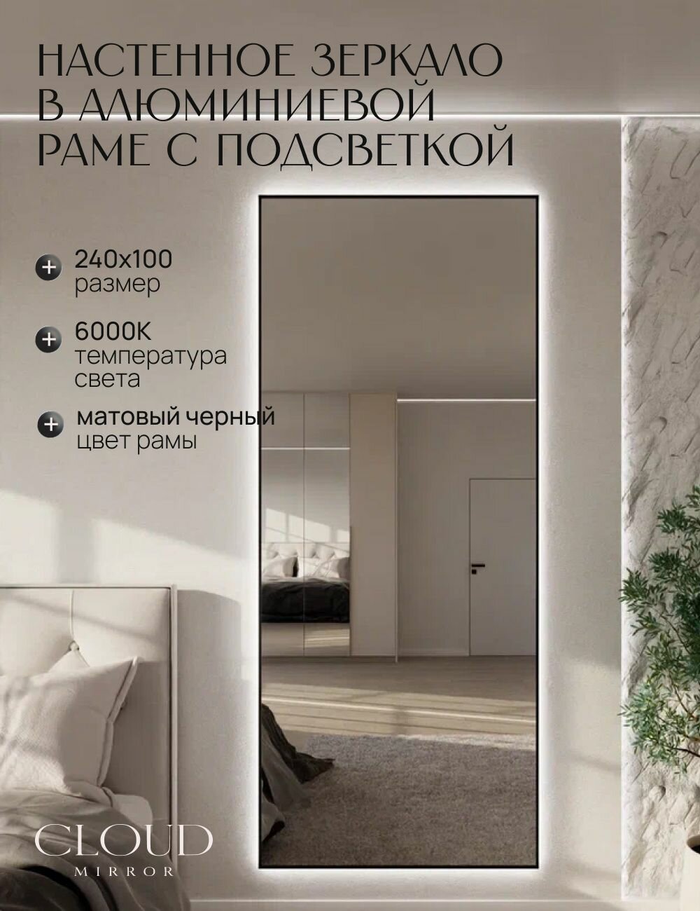 Зеркало 240х100 см. черное с подсветкой. Свет: Холодный белый 6000К. В алюминиевой раме интерьерное настенное CLOUD MIRROR