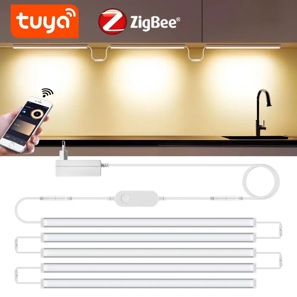 2X30CM Tuya Zigbee Комплект светодиодных светильников для шкафов Алюминиевая трубка WiFi с регулируемой яркостью для украшения кухонной полки в шкафу