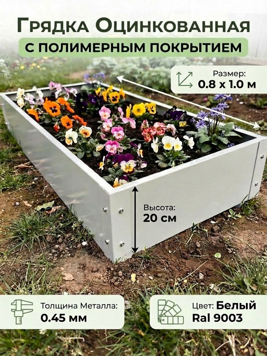 Грядка оцинкованная с полиэстер покрытием 0,8х1,0 м, высота 20 см, толщина металла 0,45мм, Цвет Белый Ral 9003