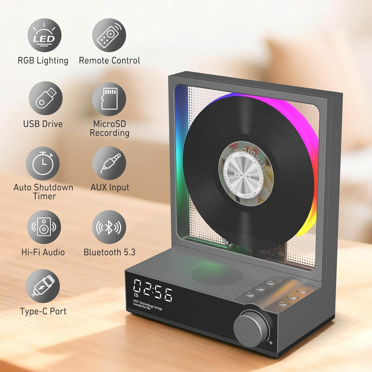 HOTT c229 Стильный CD-плеер с RGB-подсветкой, Bluetooth 5.3