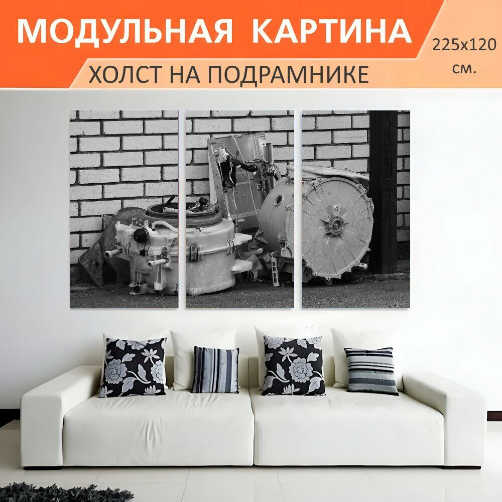 Модульная картина на холсте "Барабан, стиральная машина, части" триптих на подрамнике 225х120 см. для интерьера