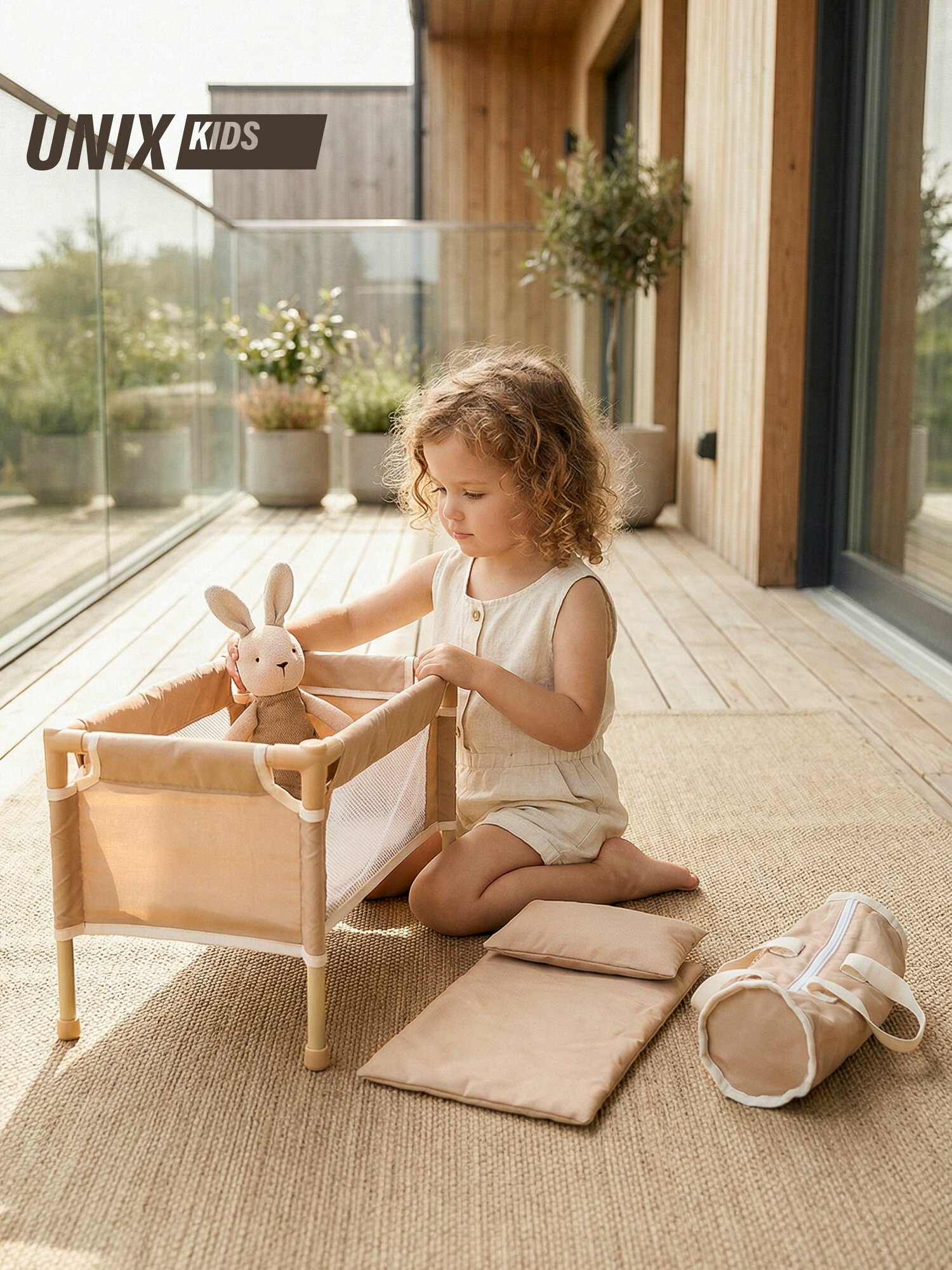 Кроватка для кукол UNIX Kids детская с аксессуарами 32 см, для игрушек до 45 см, сумочка для переноски, бежевая