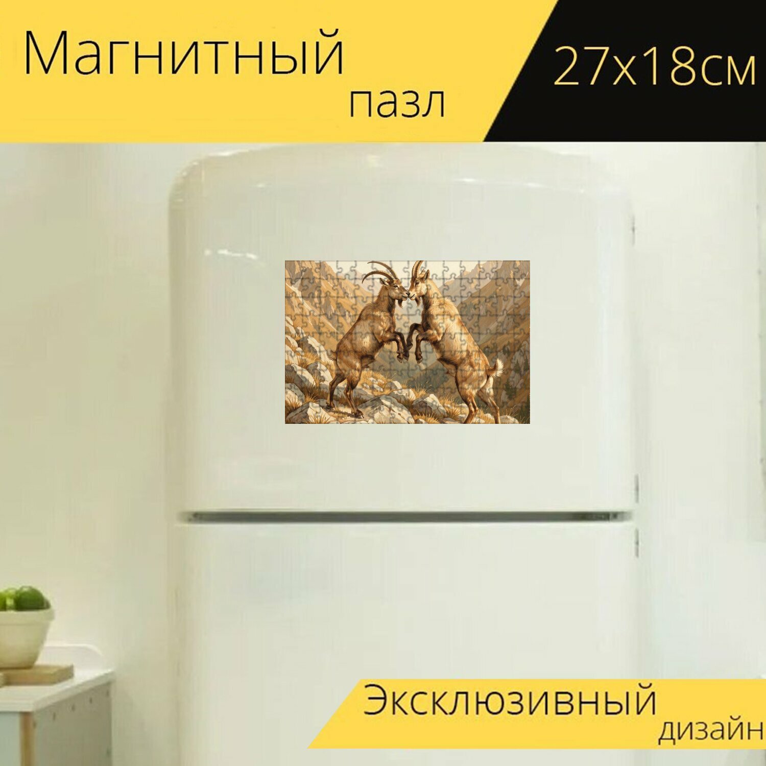 Магнитный пазл "Два горных козла на скалах. Альпийские козероги на каменистом склоне среди высоких хребтов. Живописная иллюстрация в теплых." на холодильник 27 x 18 см.