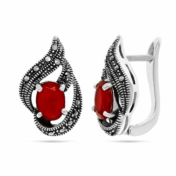 Серьги, серебро, 925 проба, оксидирование, рубин синтетический, марказит