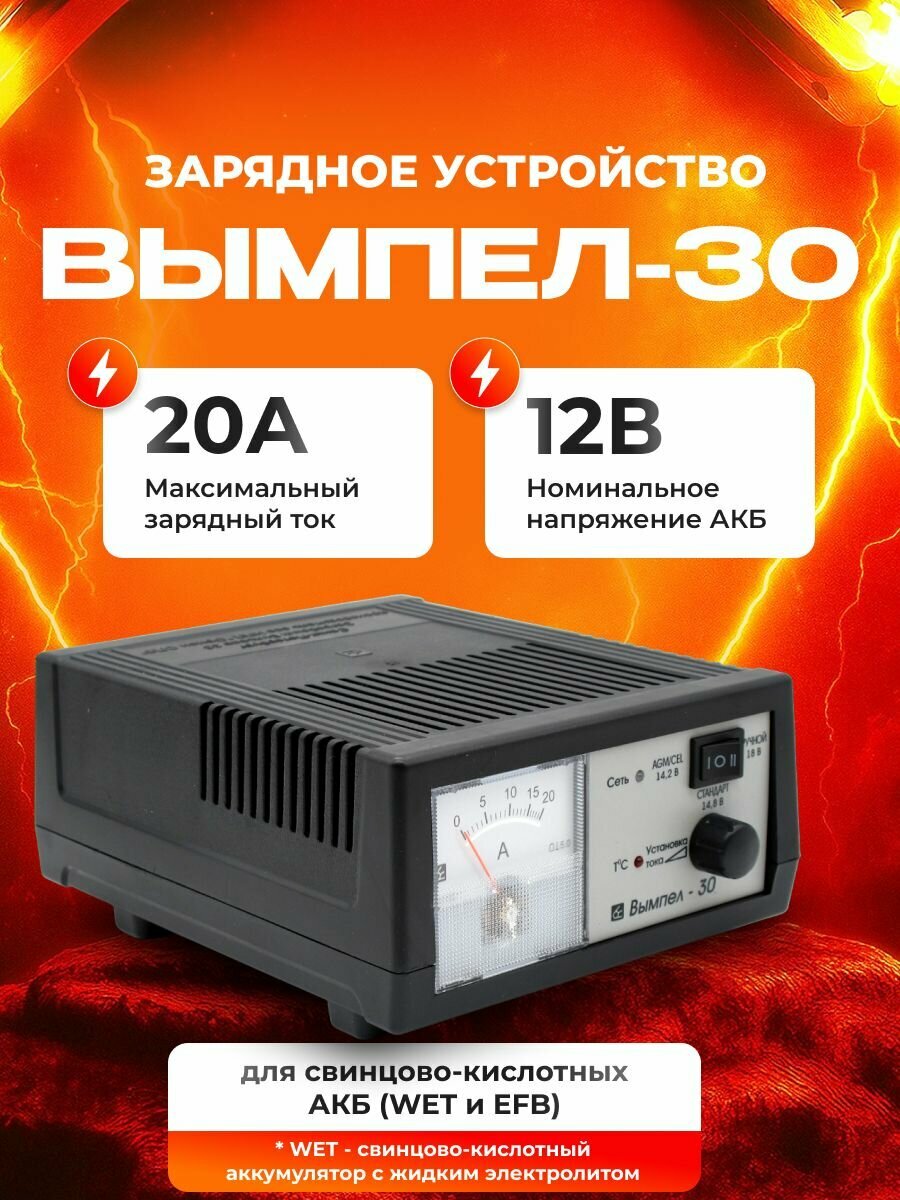 Зарядное устройство для аккумуляторов автомобиля 12В автоматическое вымпел 30 с возможностью ручной регулировкой