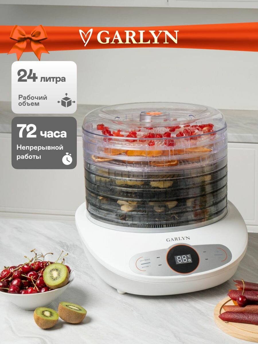 Сушилка для овощей и фруктов GARLYN D-05 Pro. Дегидратор электрический с таймером для мяса, рыбы, грибов. 5 уровней, 1 поддон для пастилы