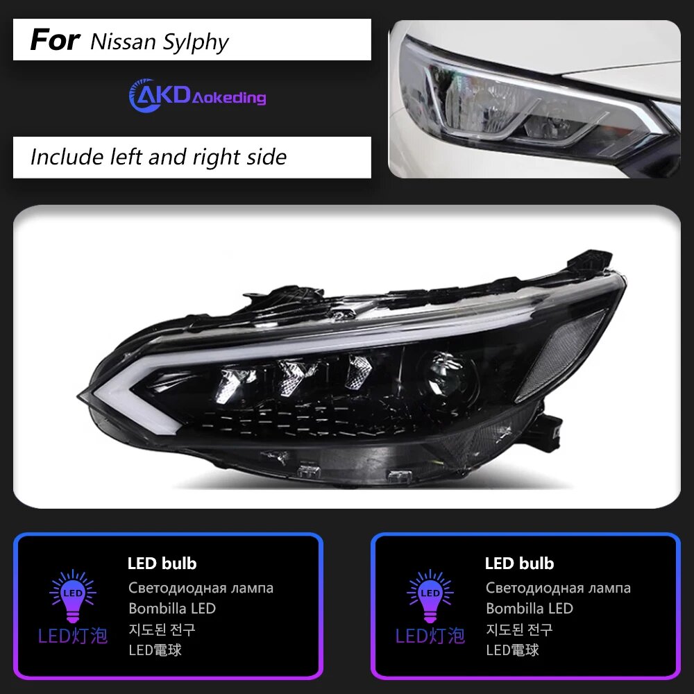 Фара AKD для Nissan Sylphy LED Headlight 2020-2022 Фары New Sentra DRL поворотный сигнал дальний свет ангельский глаз проектор A