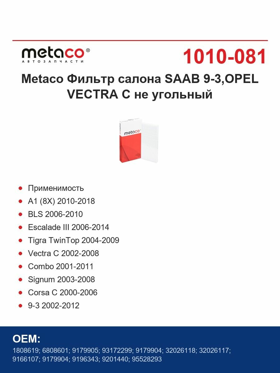 Metaco Фильтр салона SAAB 9-3, OPEL VECTRA C не угольный