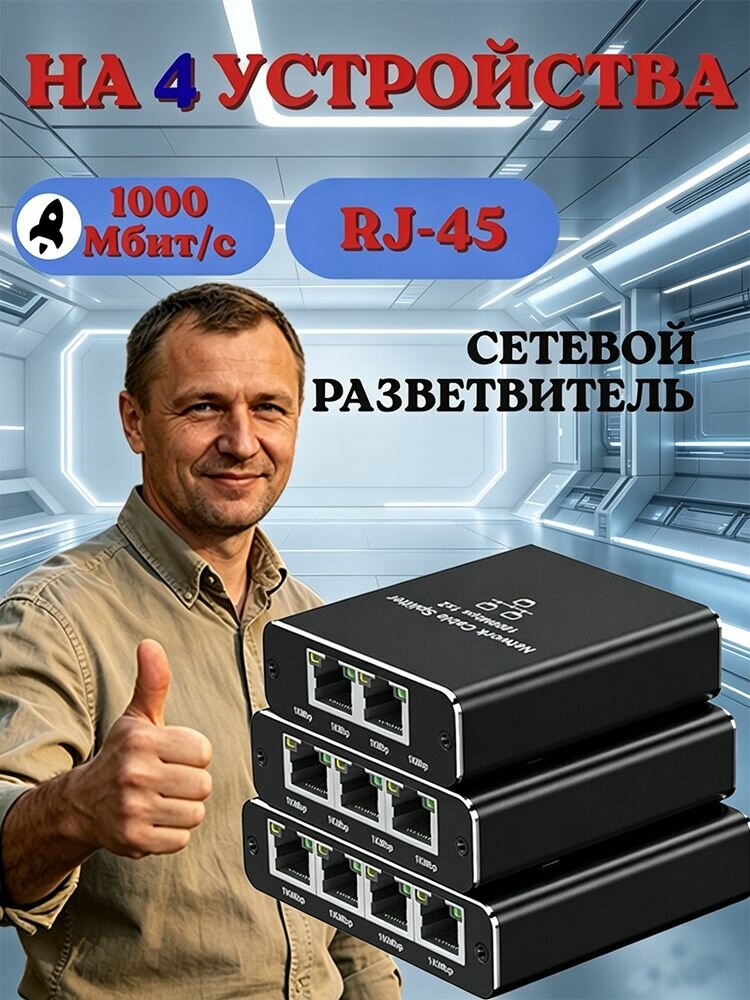Сетевой сплиттер RJ45 1 в 4, Gigabit Ethernet разветвитель 1000 Мбит/с, для одновременного подключения 4 устройств