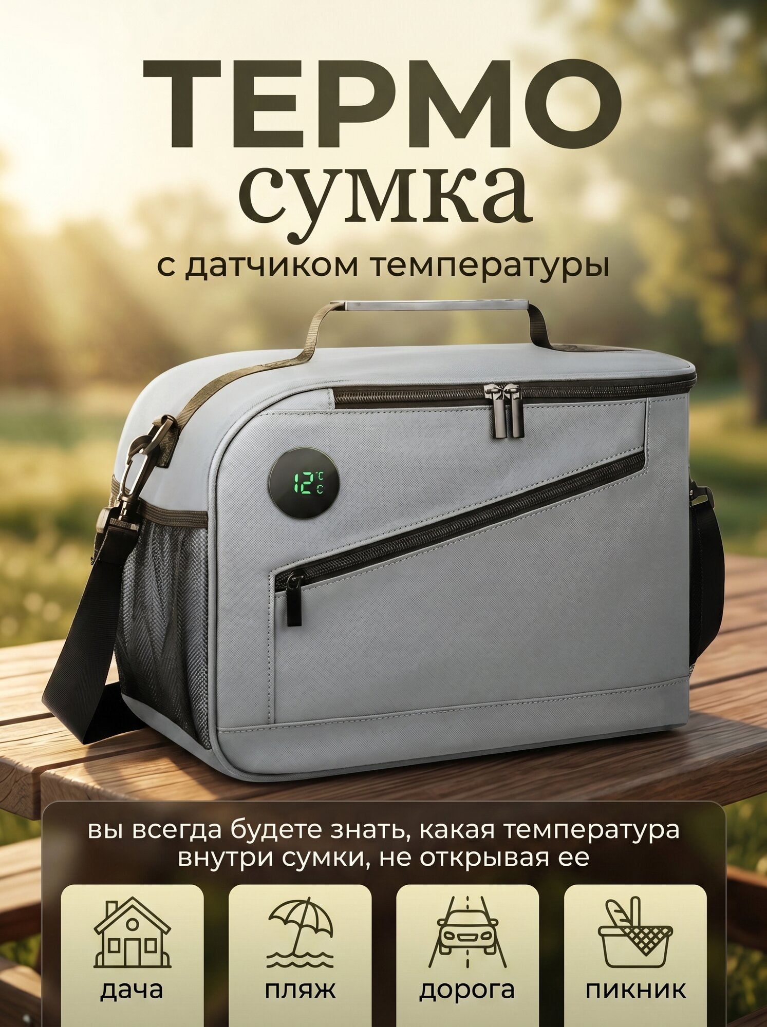 Термосумка холодильник компактная с дисплеем температуры для пикника, дачи, поездок