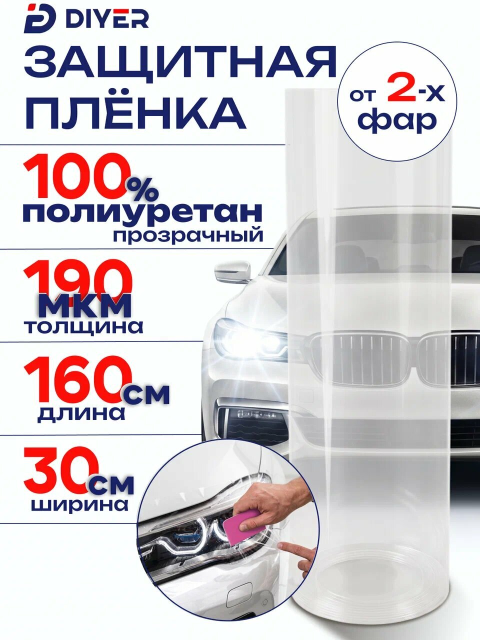 Полиуретановая бронеплёнка DIYER, для фар, глянцевая, 1,6 х 30 см, антигравийный эффект