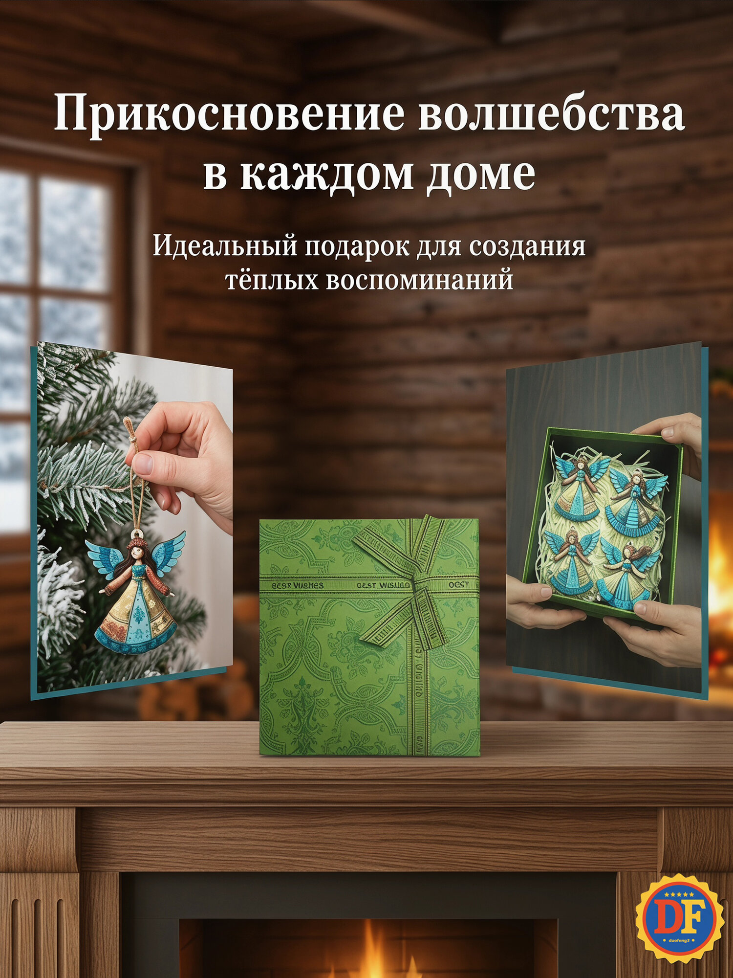 Очарование: Украшение для интерьера "Ангел", дерево, ручная роспись, 8см, 4шт. Подарочная коробка