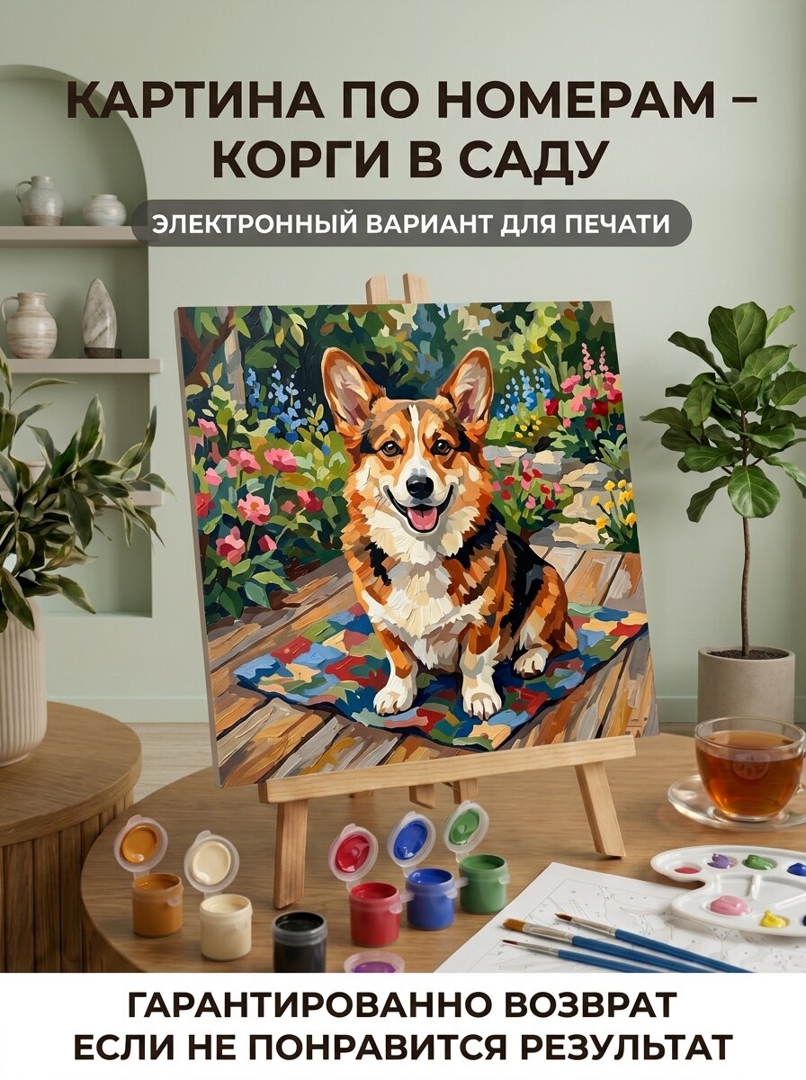 Картина по номерам "Корги в саду", на холсте, PDF-инструкция