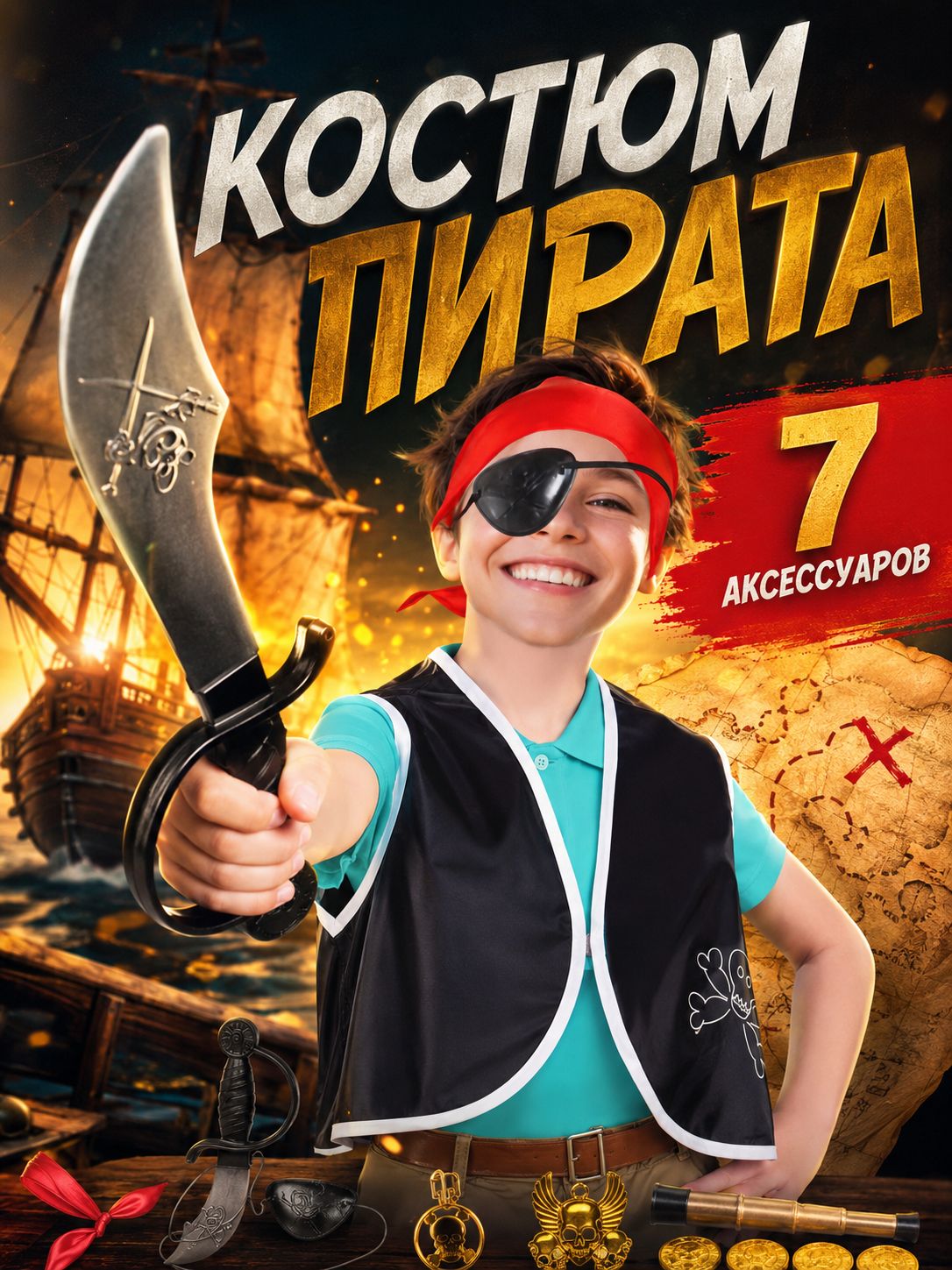 Карнавальный костюм пирата для детей 3-7 лет, жилетка, бандана, подзорная труба, сабля, повязка на глаз, значки