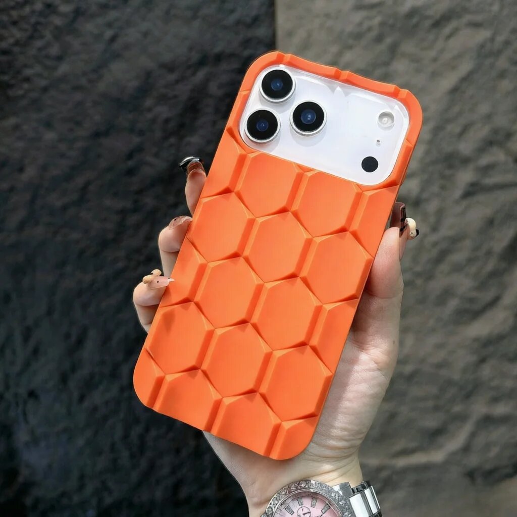 Мягкий 3D-чехол с сотовой структурой для iPhone 17, 16, 15, 12, iPhone17 Про, Оранжевый, Оранжевый