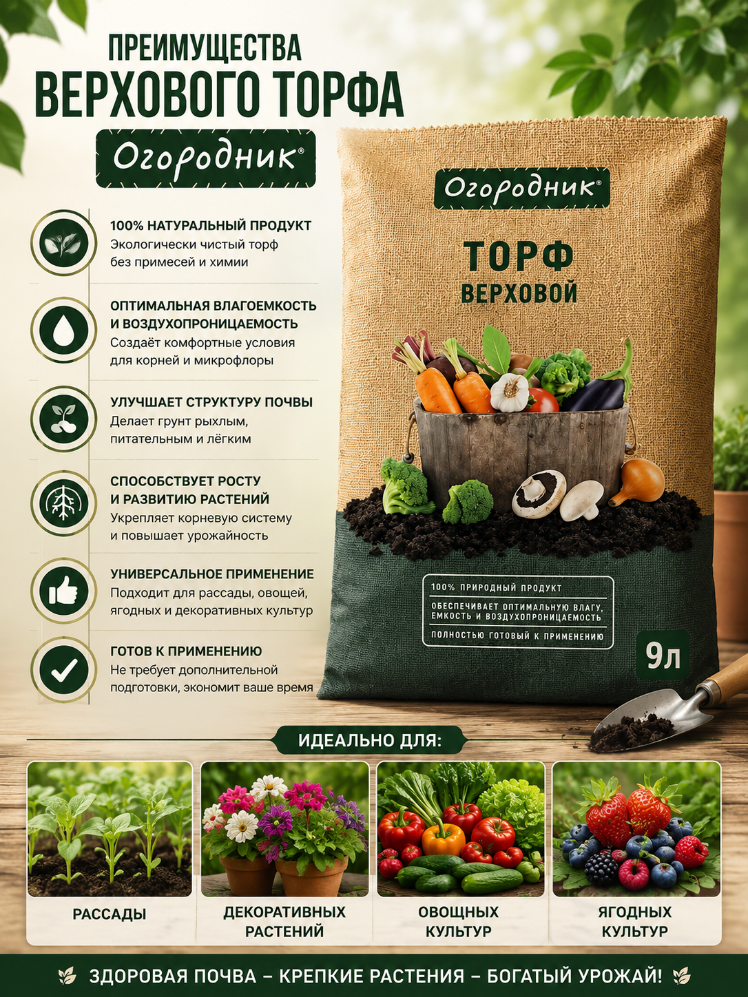 Торф верховой 9л Огородник готовый к применению, для рассады, для всех видов декоративных, плодовых и ягодных культур