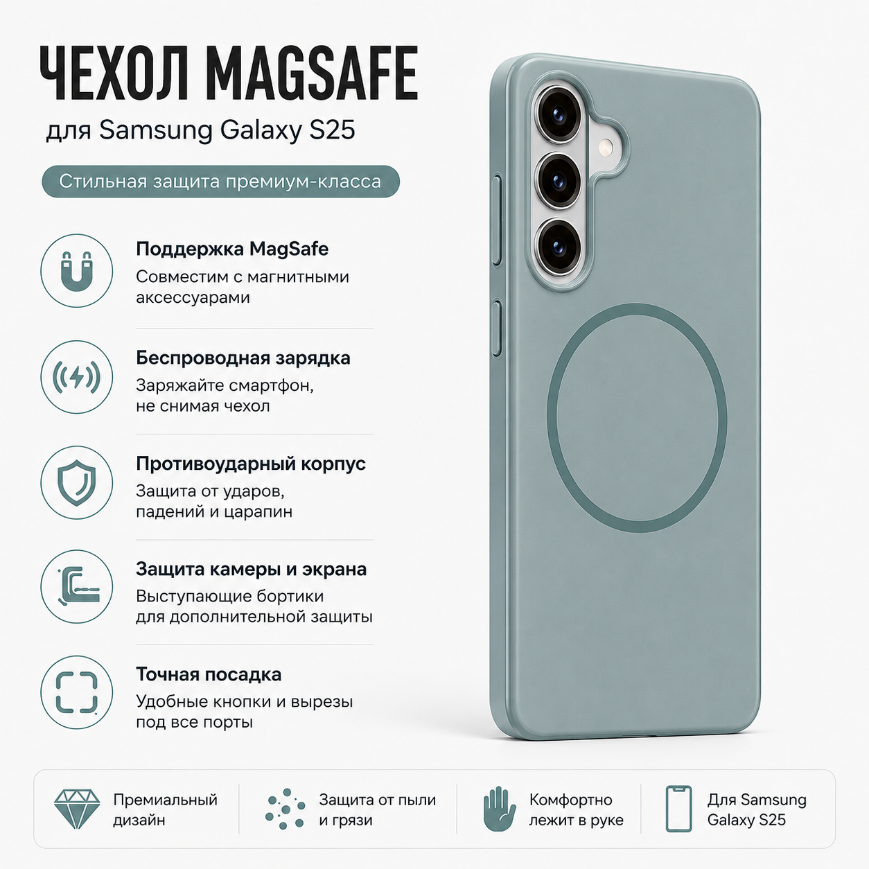 Чехол MagSafe для телефона Samsung S25, поликарбонат, ударопрочный, серо-голубой