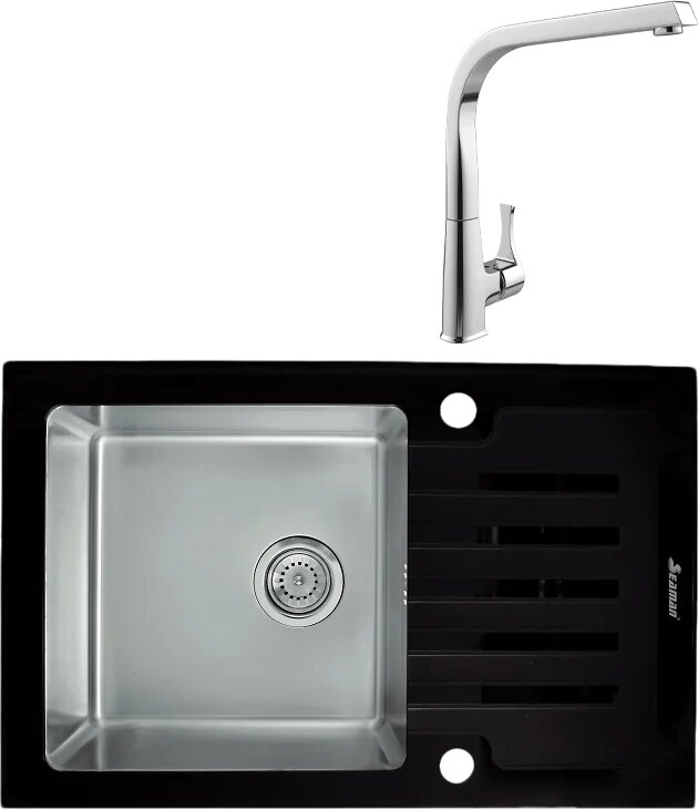 Комплект Мойка Seaman Eco Glass SMG-780B 78x50, сталь, черная, нержавеющая сталь, закаленное стекло / Смеситель MEGA Mega MG-SUN03 глянцевый хром