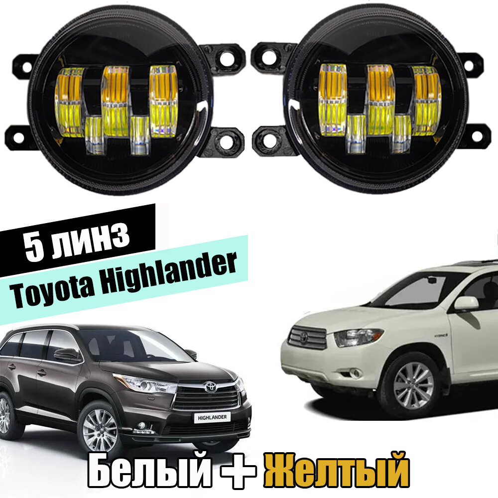 Противотуманные фары led белый+желтый для Toyota Highlander 2014+ двухрежимные птф
