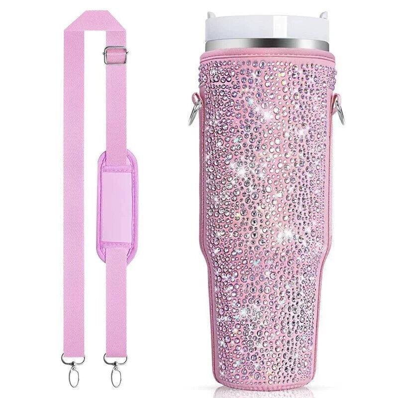 Stanley 40oz Изолированный чехол для кружки с хрустальными вставками - Розовый съемный кроссбоди-мешок для активного