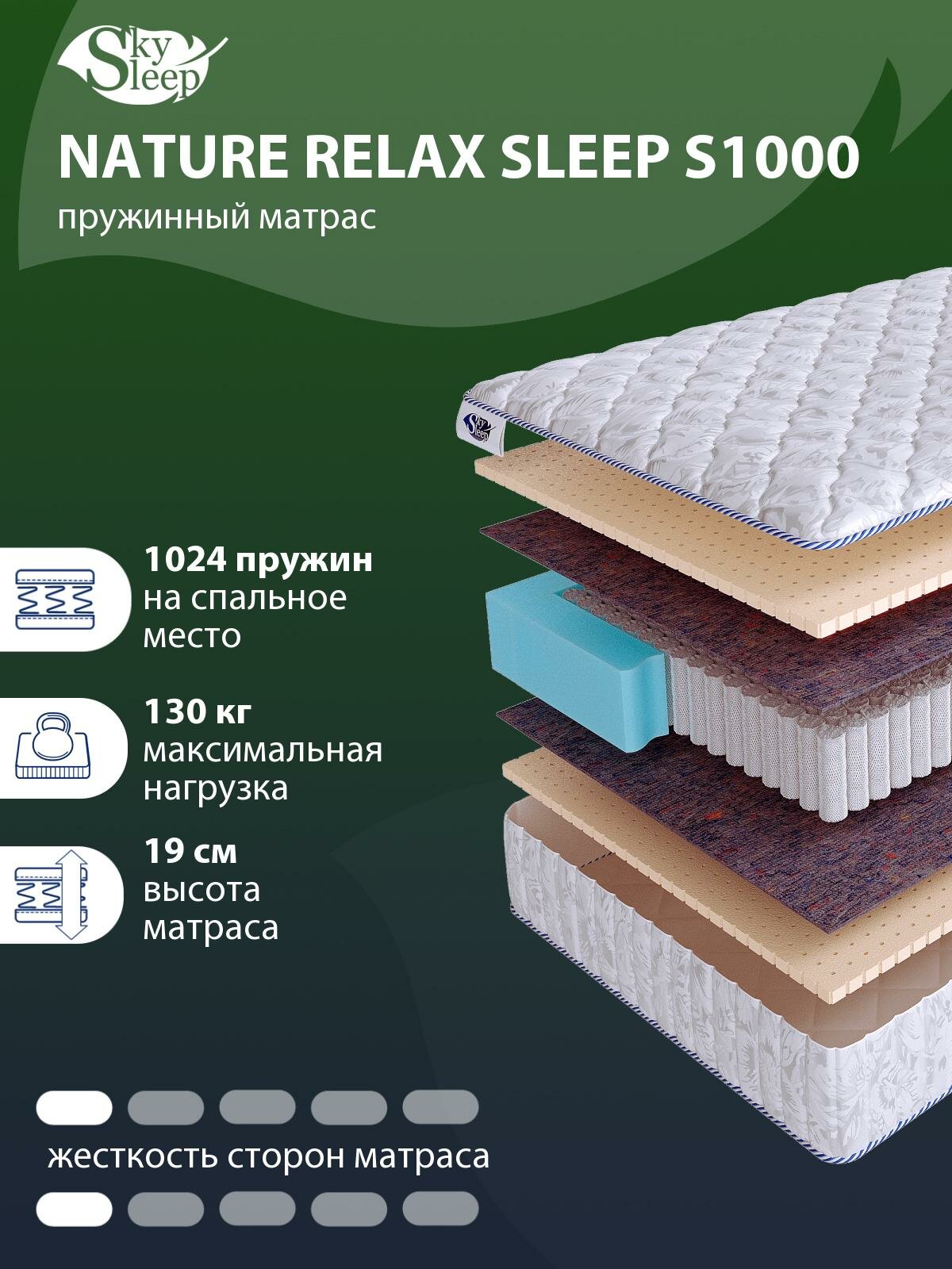 Матрас SkySleep NATURE Relax Sleep S1000 120×200, на независимых пружинах, мягкий, 19 см