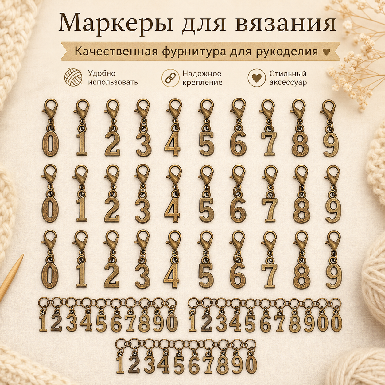 1 набор инструментов для вязания с цифрами 0-9, включая литые маркеры петель, цепочки для счетчика рядов, античная бронза 9,5 см