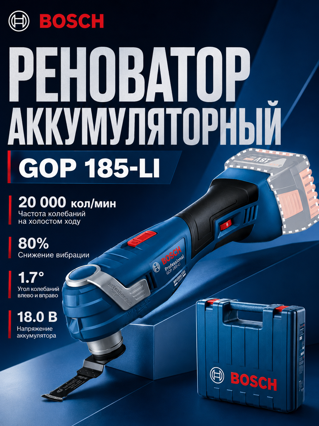 Бесщеточный аккумуляторный реноватор Bosch GOP 185-LI (18В / 14.4В, без АКБ и ЗУ, тушка)