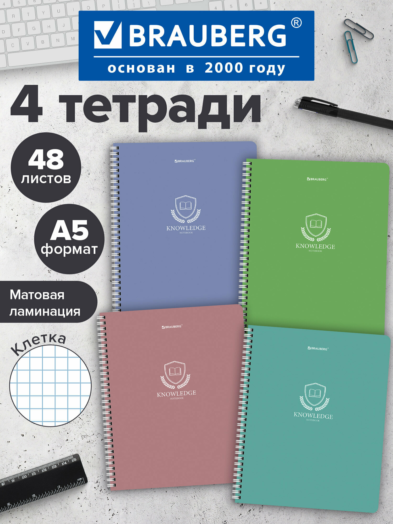 Тетради в клетку 48 листов набор 4 штуки А5 Brauberg, гребень, клетка, матовая ламинация, Knowledge, 404663