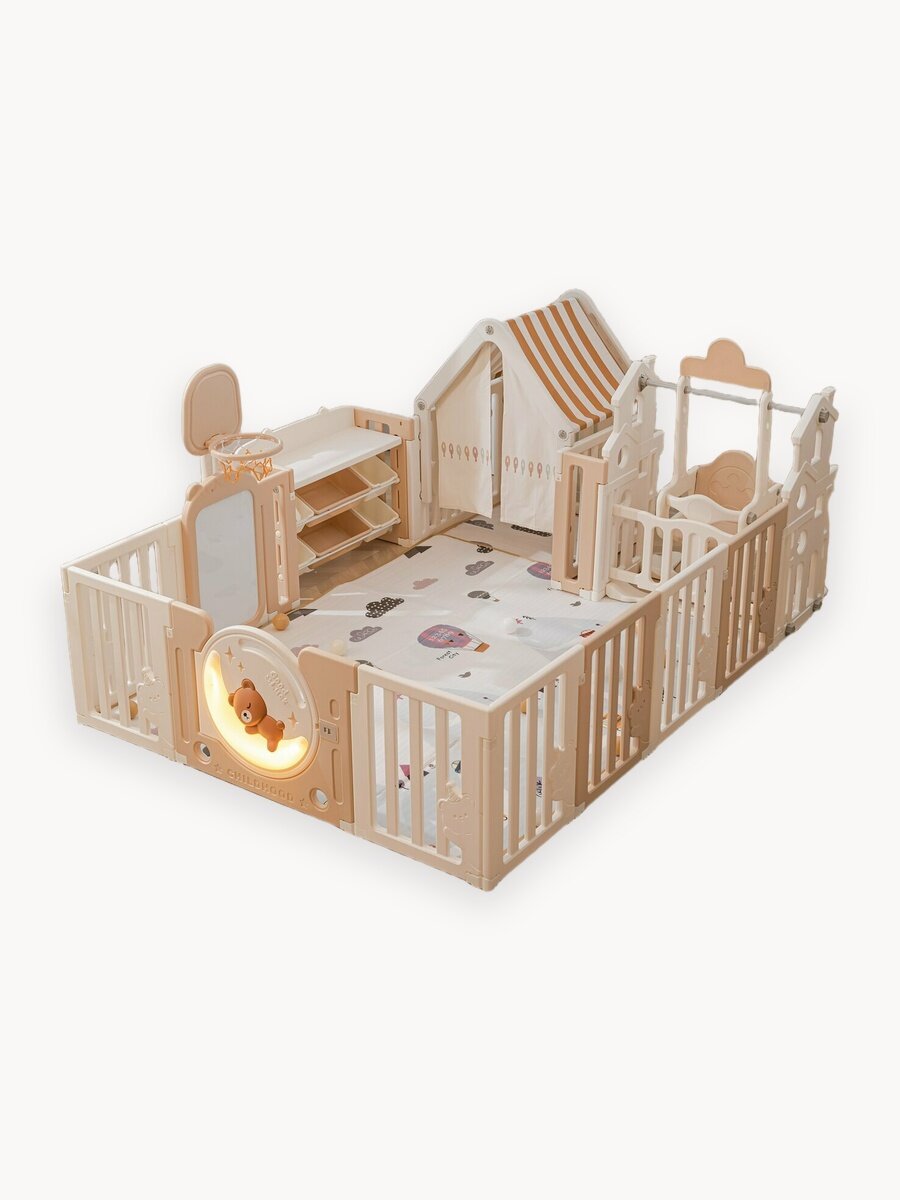 Манеж UNIX Kids ДеЛюкс / DeLuxe H&S 150x180 см (домик, баскетбольная стойка, доска для рисования, качели и стеллаж)