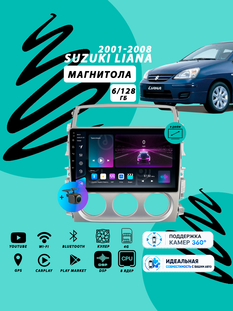 Магнитола Suzuki Liana (2001-2008) 6ГБ+128ГБ 4G/Android/360/8 ядер
