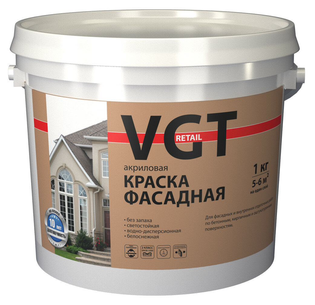 Краска Vgt ВД-АК-1180 фасадная, белоснежная, 7 кг для фасадов частных домов и малых зданий