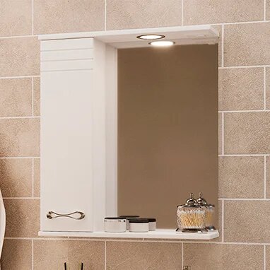 Зеркало Emmy Рио 50 L со светодиодной подсветкой, с полкой, со шкафчиком, 50 см, с розеткой, белое