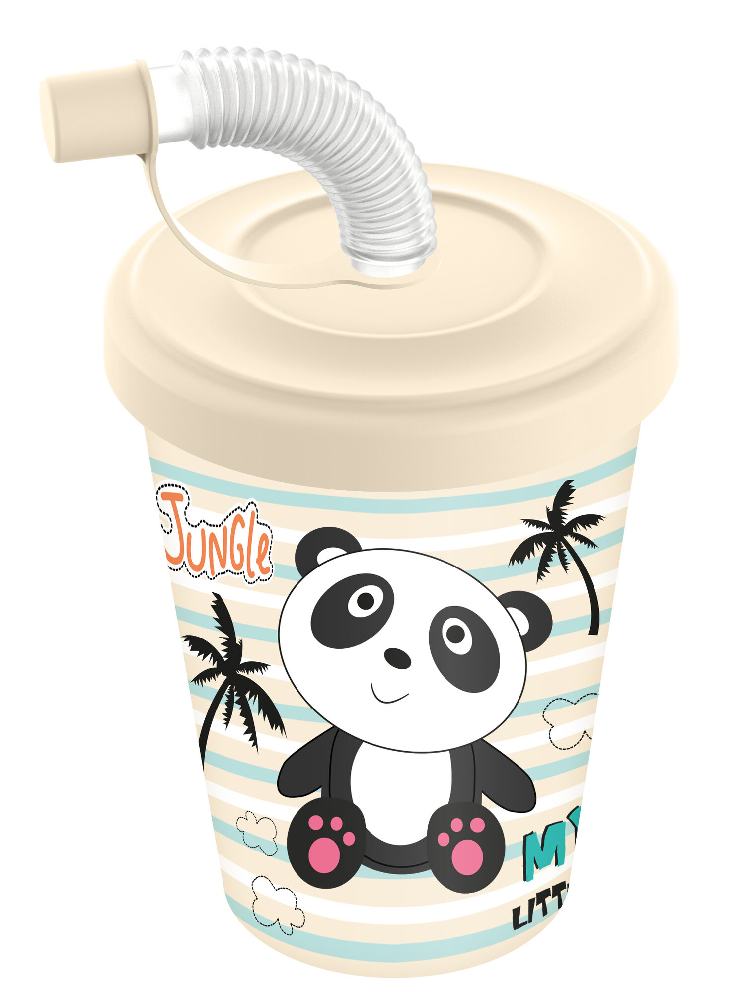 Стакан детский с крышкой, трубочкой и колпачком 280мл с декором 'Панда' (светло-бежевый)