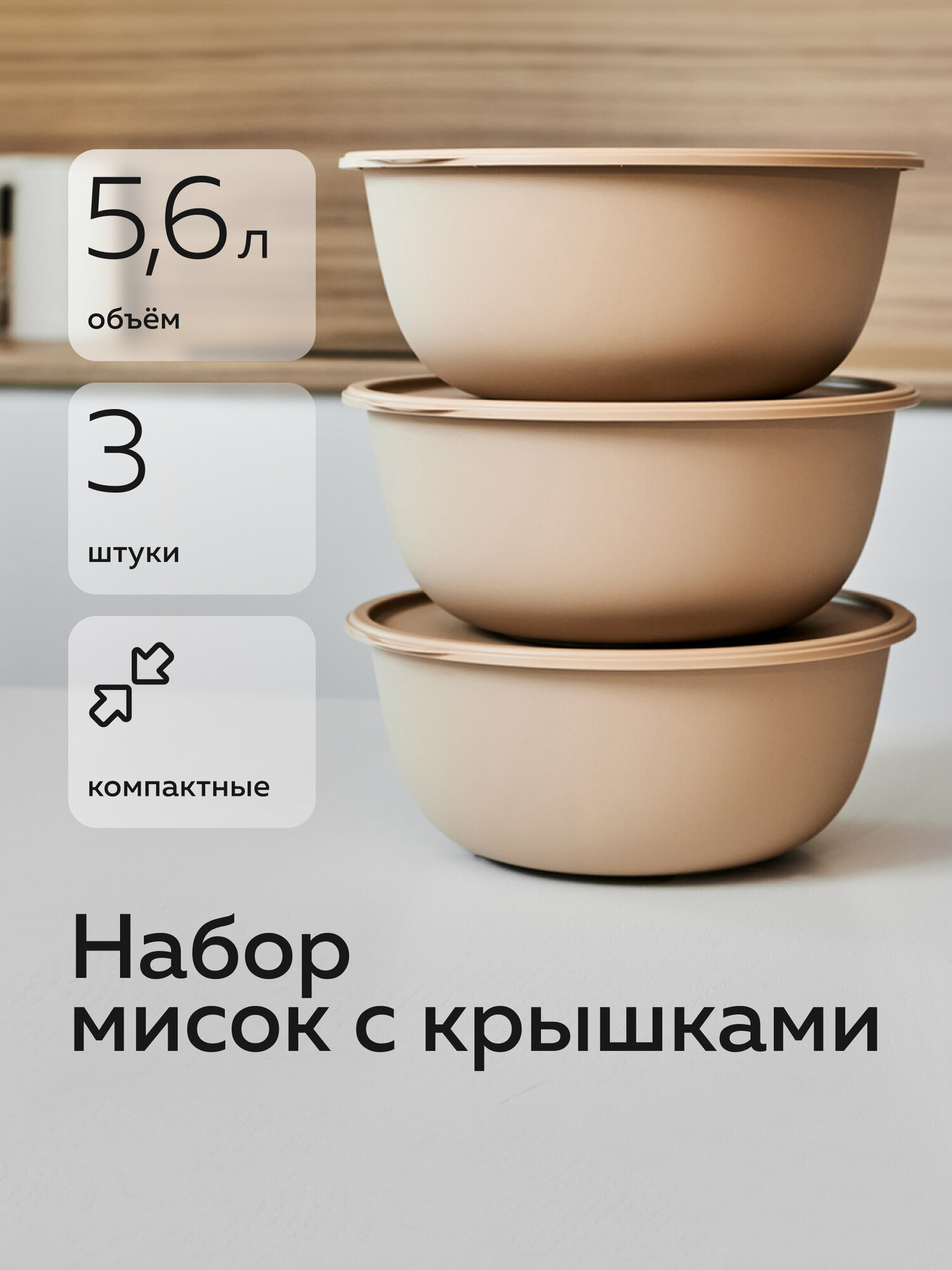 Набор мисок с крышками «Шарм №23», Альт-Пласт, 5,6л (3шт), пластик, какао