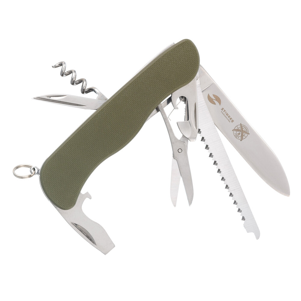 Нож перочинный Stinger, 111 мм, 10 функций, материал рукояти стеклотекстолит G10 (зеленый), в картонной коробке