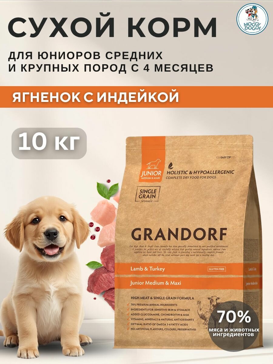 GRANDORF JUNIOR Сухой корм для юниоров и щенков средних и крупных пород Ягненок с индейкой 10 кг
