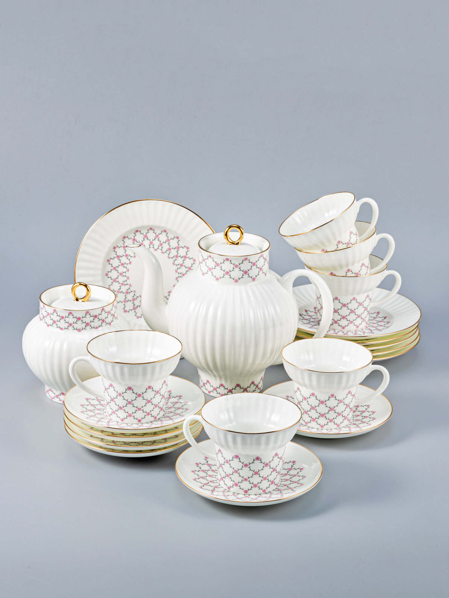 Сервиз чайный " Розовая сетка " форма Волна на 6 персон, 20 предметов , Императорский фарфоровый завод