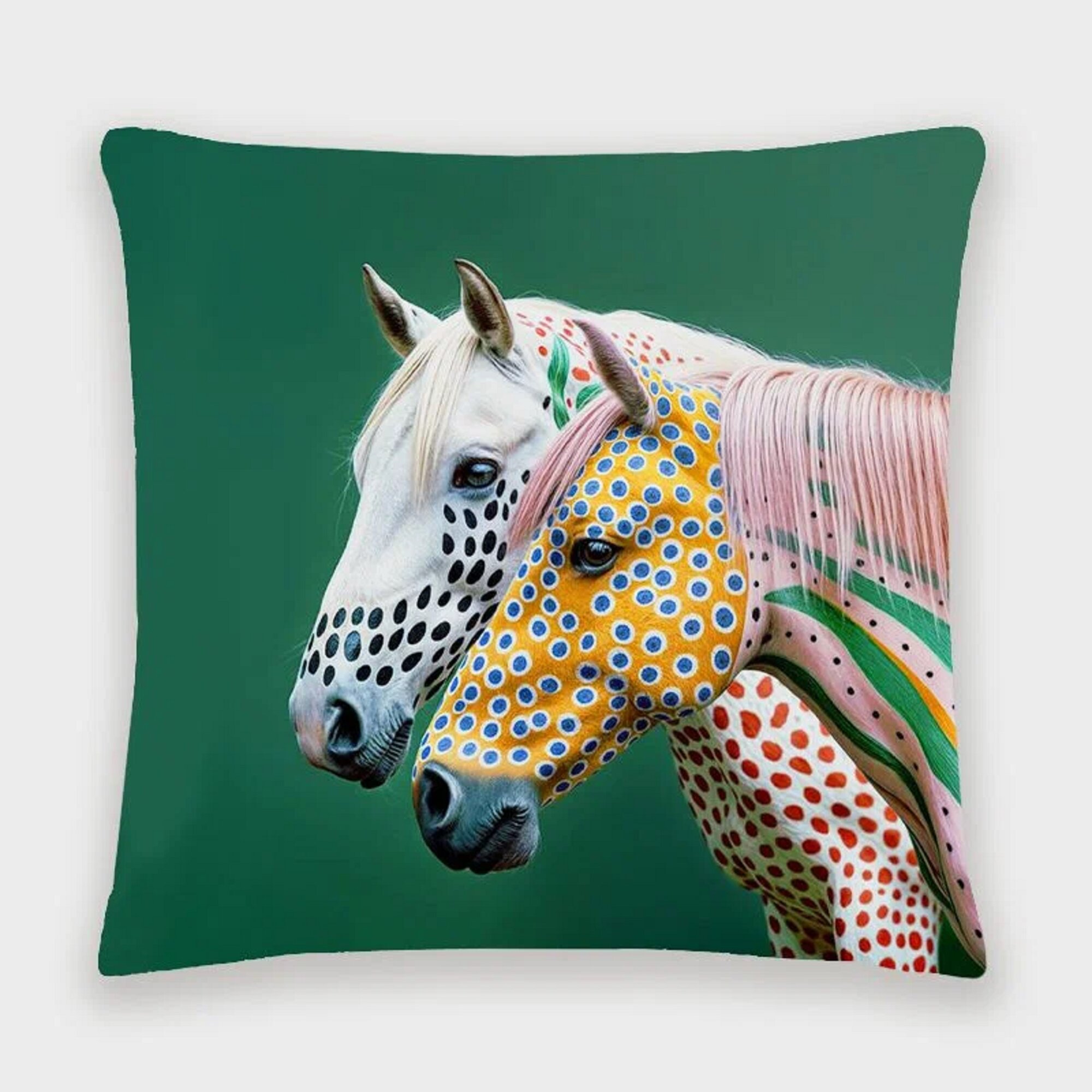 Подушка декоративная Белая и Розовая лошади на зеленом 40х40 велюр подарок, новый год, рождество