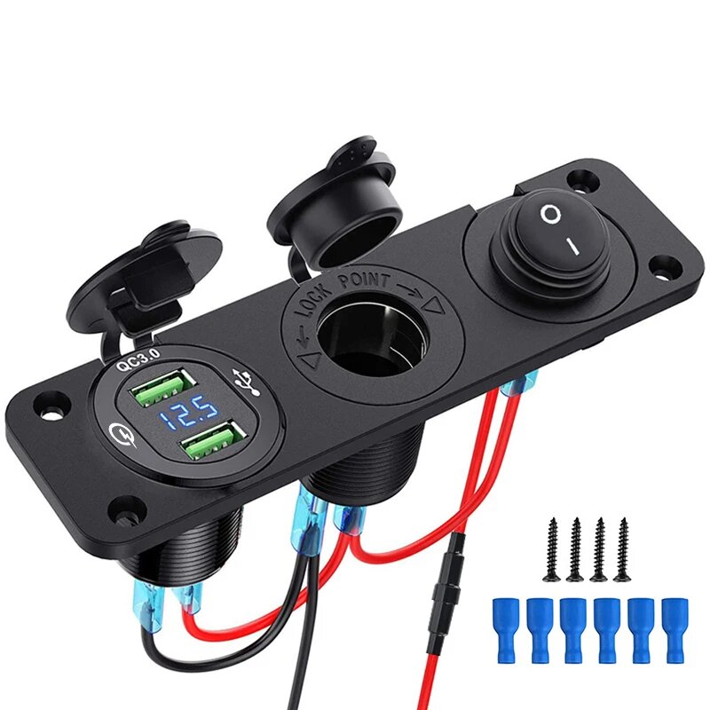 Розетка 12В 3 в 1 с USB QC3.0, Blue