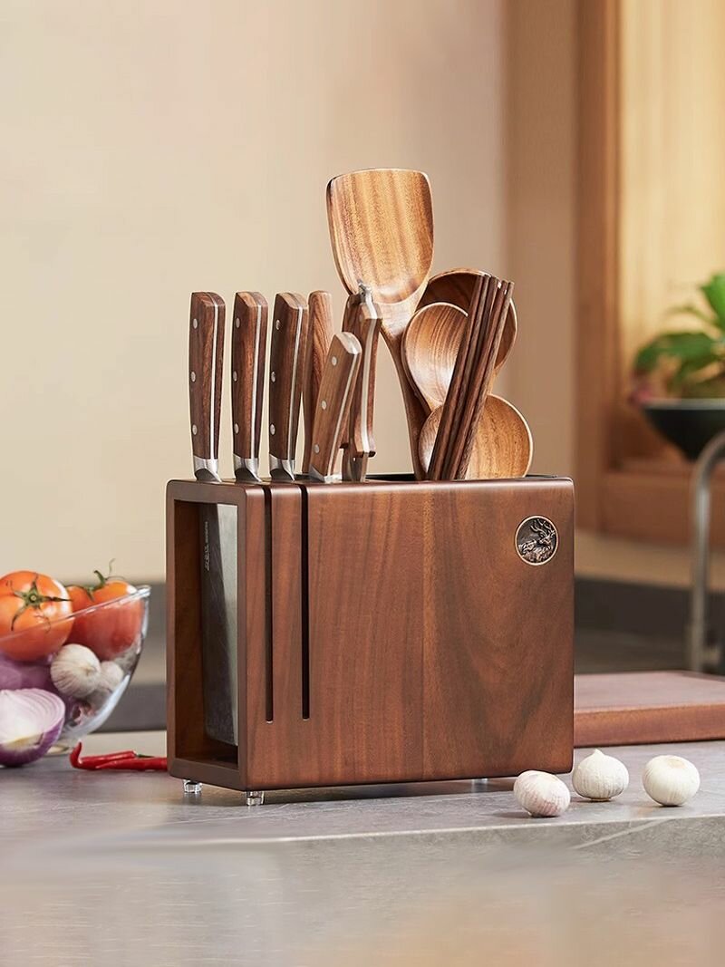 Целая деревянная стойка для ножей и посуды в одном месте, влагонепроницаемость и ржавчина