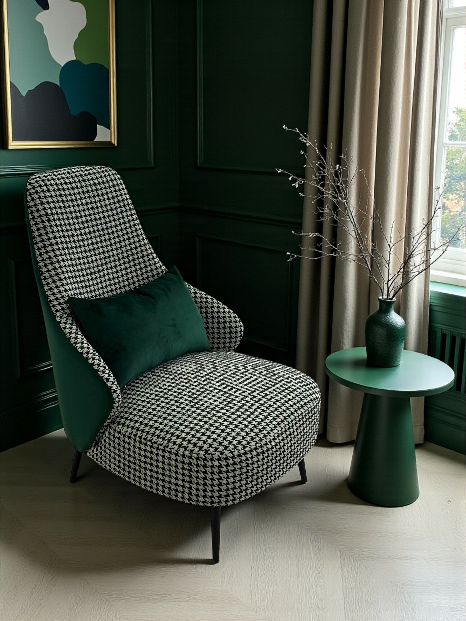 Кресло для дома и отдыха в гостиную с высокой спинкой, зеленое, гусиная лапка, Оскар от Bonfico