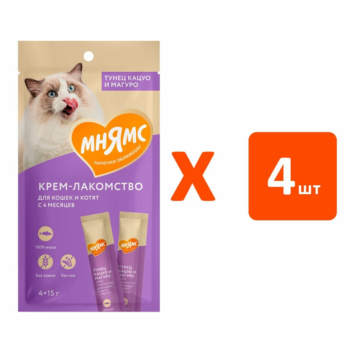 Лакомство Мнямс для кошек крем с тунцом Кацуо и Магуро, 60 гр 4 шт