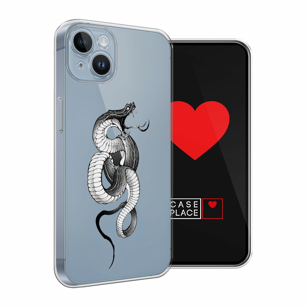 Чехол на Apple iPhone 14 / Айфон 14 с принтом Монохромная змея рисунок, прозрачный — фото 1