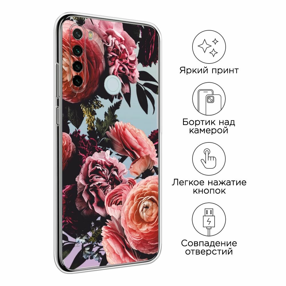 Чехол на Xiaomi Redmi Note 8T / Сяоми Редми Нот 8Т с принтом "Бордовые винтажные цветы", прозрачный — фото 1